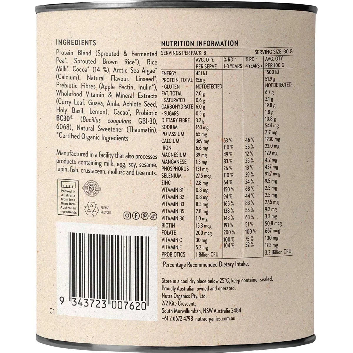 Nutra Organics Thriving Family Protein Double Choc 240g – AS Beauty ...